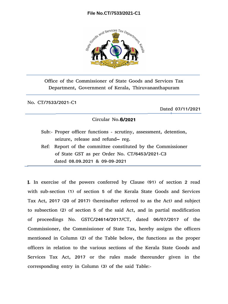Kerala GST Circular on Officer Functions | PDF | Taxes | Adjudication