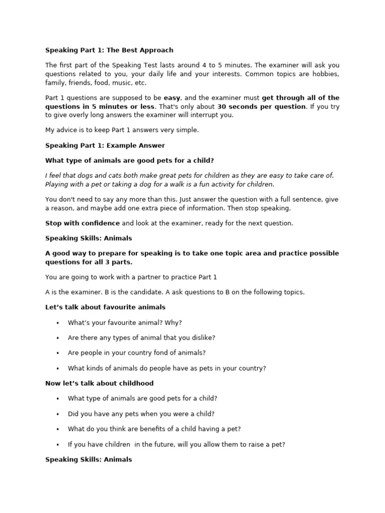 Handout 1 - Speaking Part 1 | PDF | Question | Pet