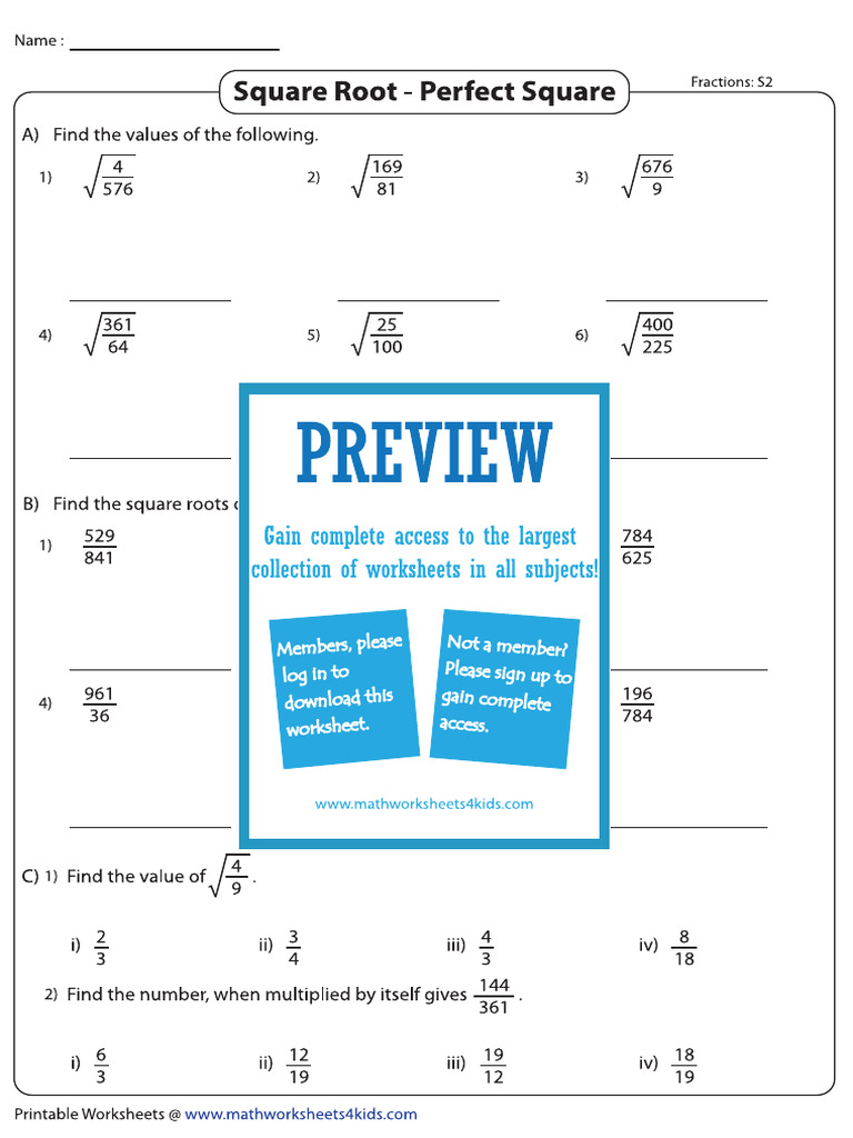 Square Root - Perfect Square Fraction 2 (Work Sheet) | PDF