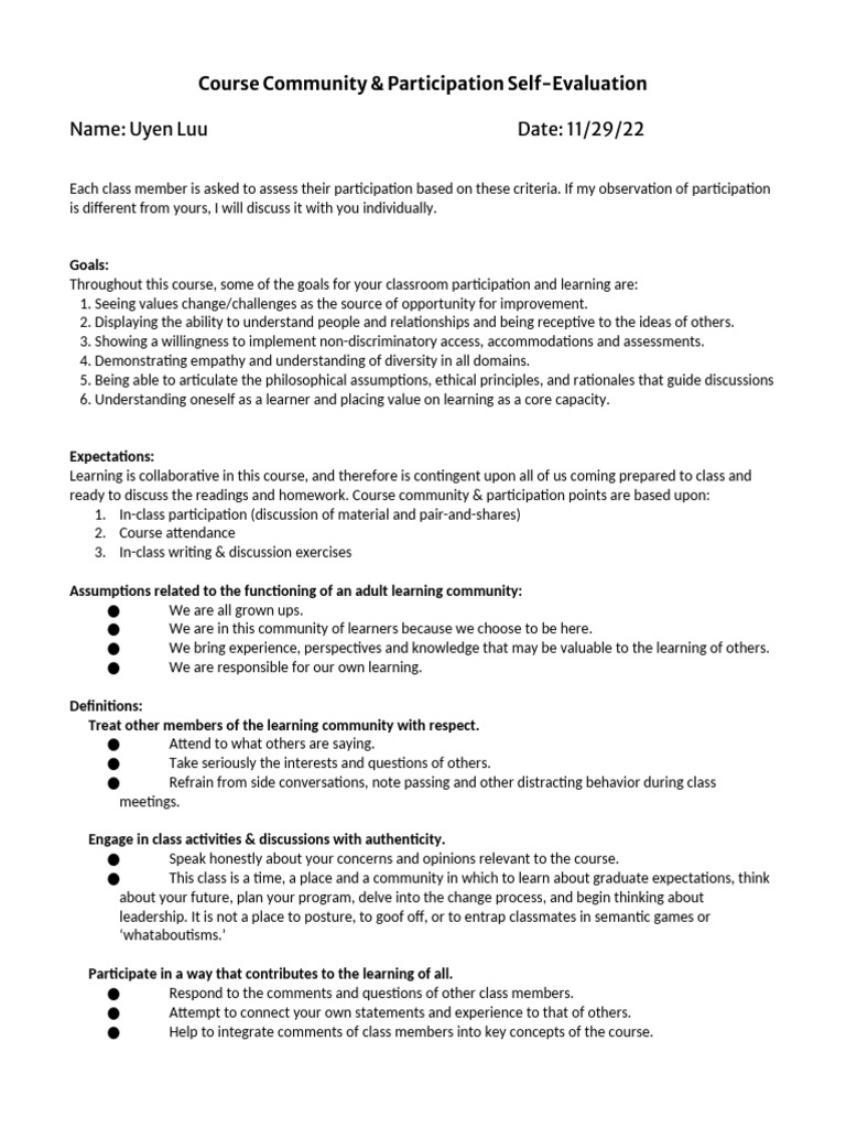 Course Participation Self-Evaluation Guide | PDF | Learning | Cognitive ...