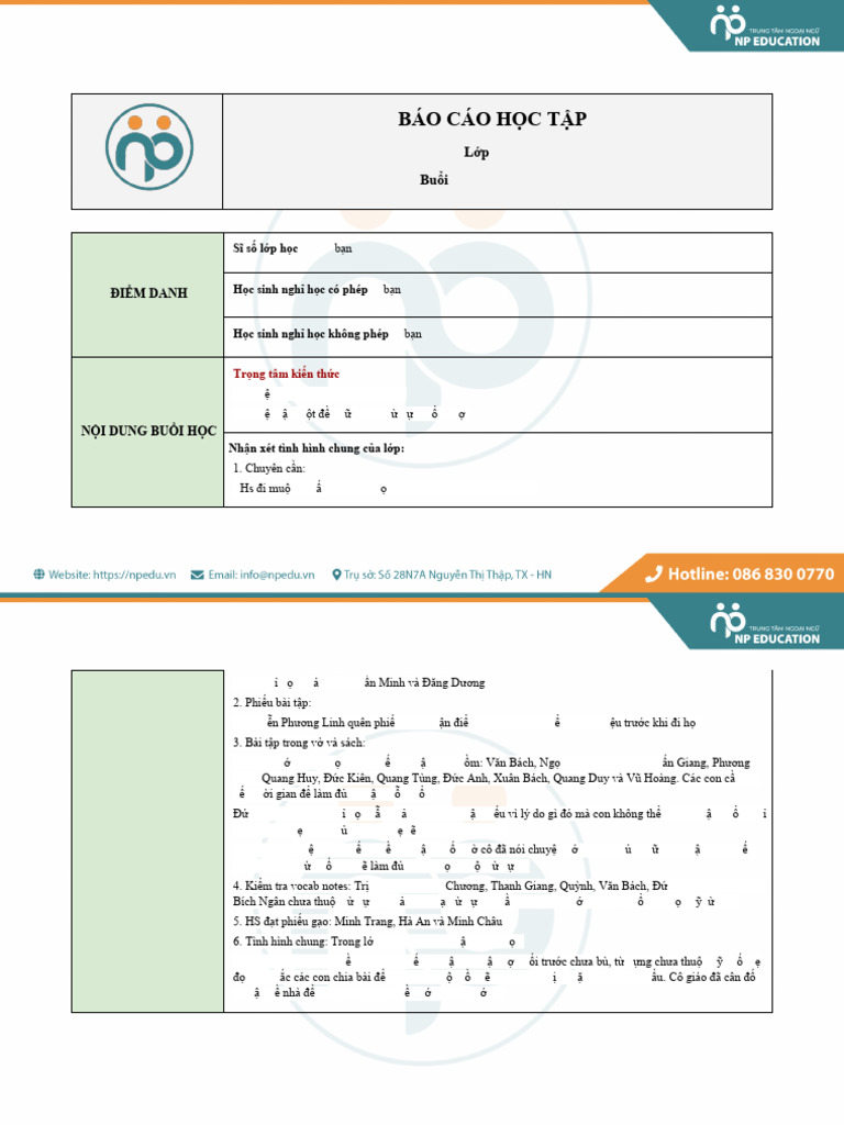 Báo Cáo Học Tập Lớp 7a1 - q1l6 | PDF