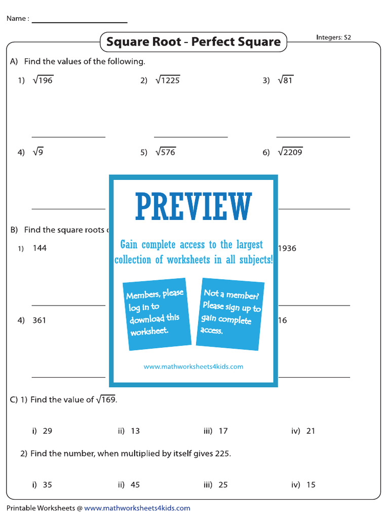 Square Root - Perfect Square 2 (Work Sheet) | PDF