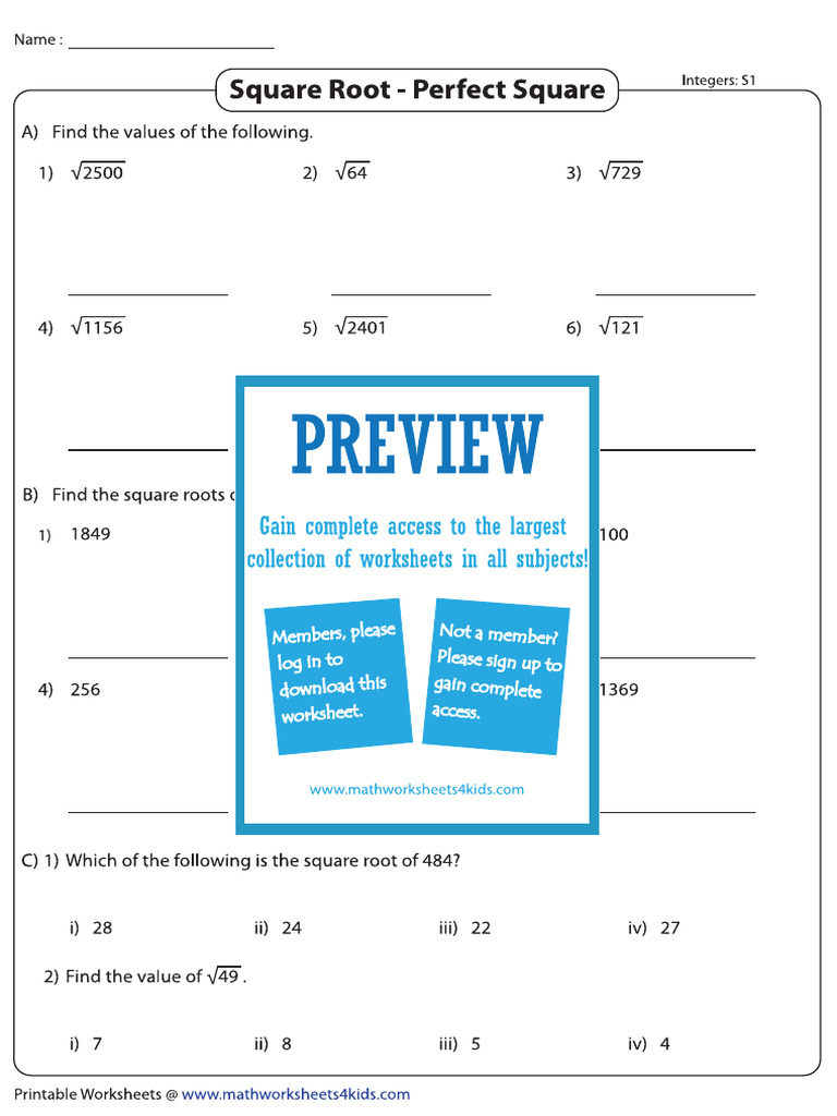 Square Root - Perfect Square (Work Sheet) | PDF