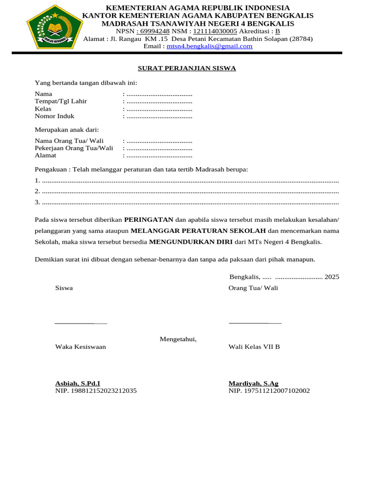 Surat Perjanjian Siswa | PDF