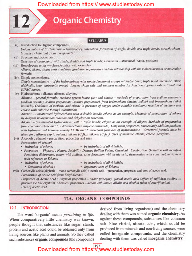 ICSE Class 10 Chemistry Chapter 12 Organic Chemistry | PDF