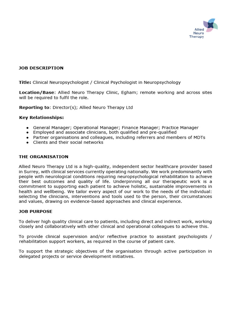 Job Description - Person Specification | PDF | Clinical Psychology ...