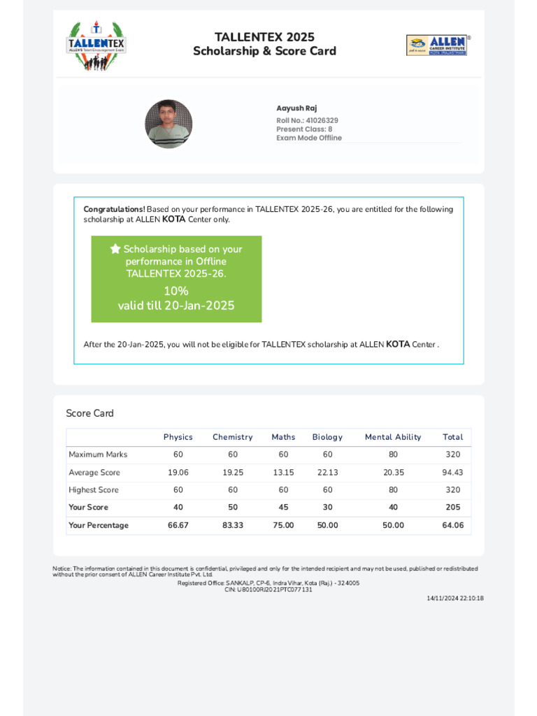 TALLENTEX 2025 Scholarship Score Card | PDF