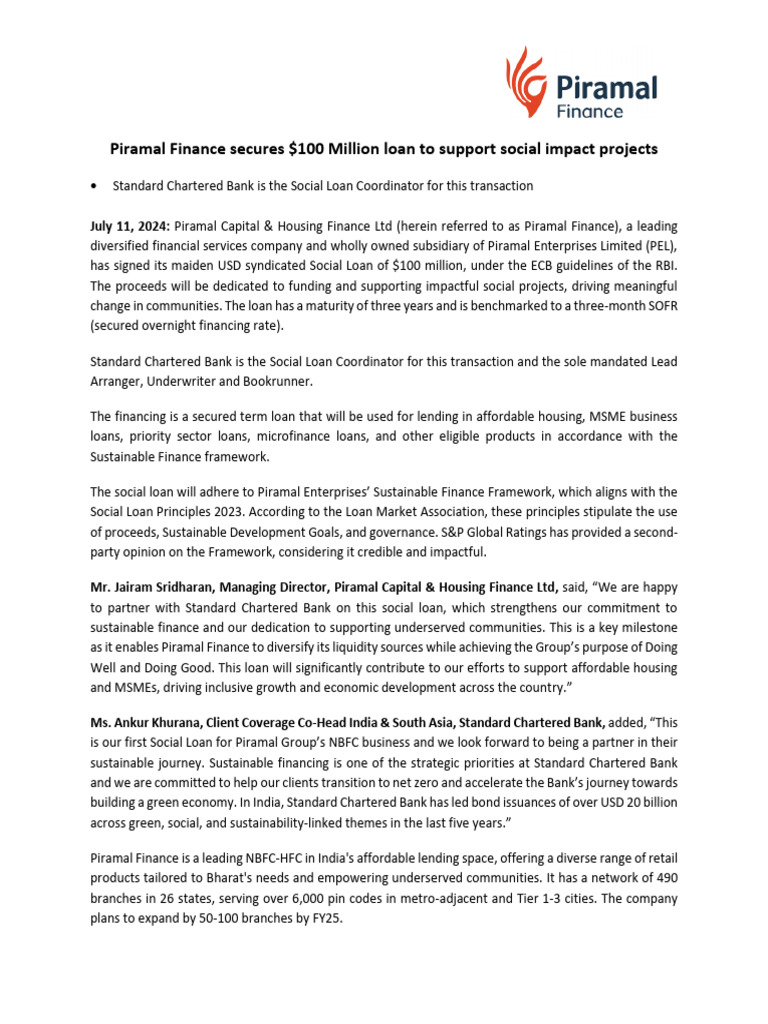 Piramal Finance Secures 100 Million Loan To Support Social Impact ...