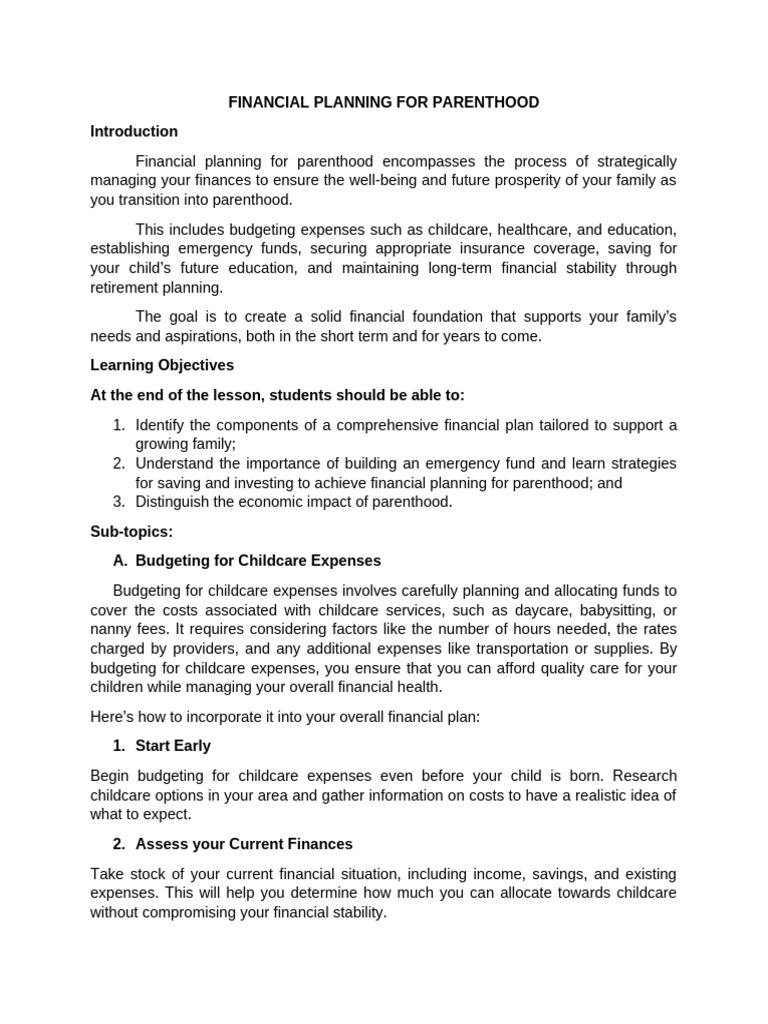 FINANCIAL PLANNING FOR PARENTHOOD Report | PDF | Cost Of Living | Child ...