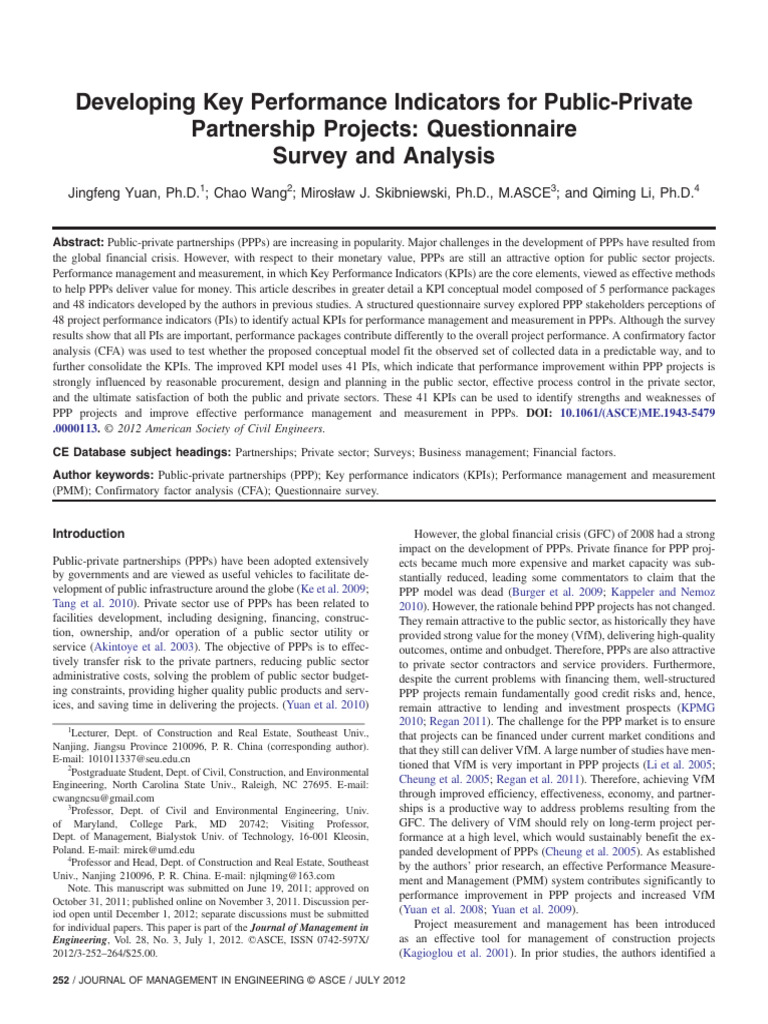 Developing Key Performance Indicators For Public-Private Partnership Projects: Questionnaire ...