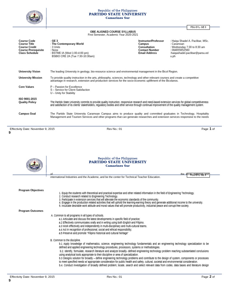 GE3-SYLLABUS-BSHM-FINAL | PDF | Engineering