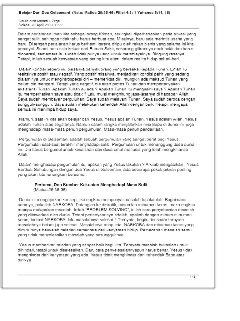 Belajar Dari Doa Getsemani (Nats - Matius 26 - 36-46 Filipi 4 - 6 1 Yohanes 5 - 14, 15) - PDF | PDF