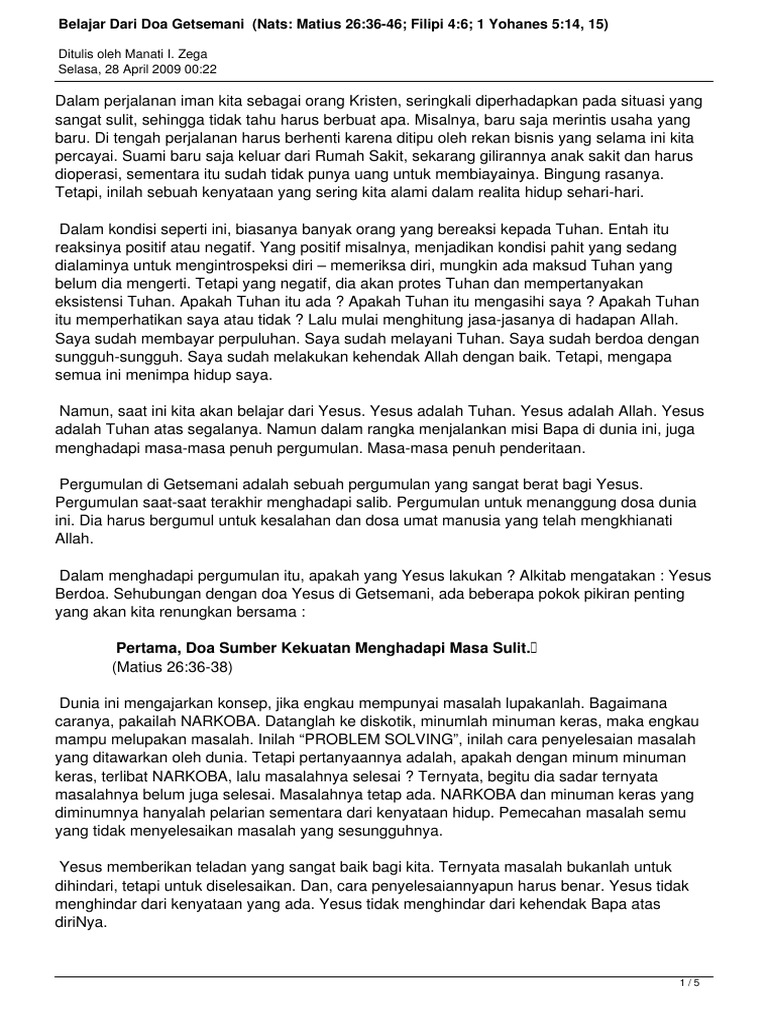 Belajar Dari Doa Getsemani (Nats - Matius 26 - 36-46 Filipi 4 - 6 1 Yohanes 5 - 14, 15) | PDF