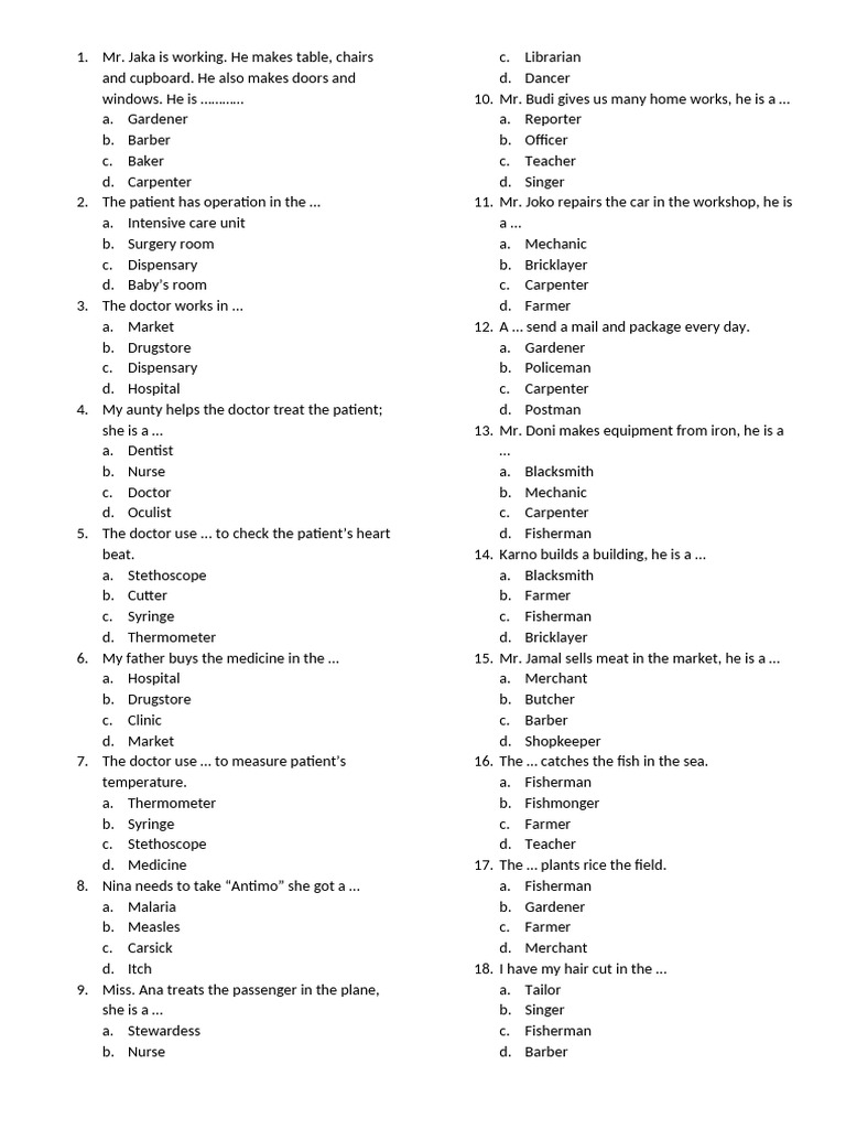 Occupations and Their Definitions Quiz | PDF | Medicine | Health Care