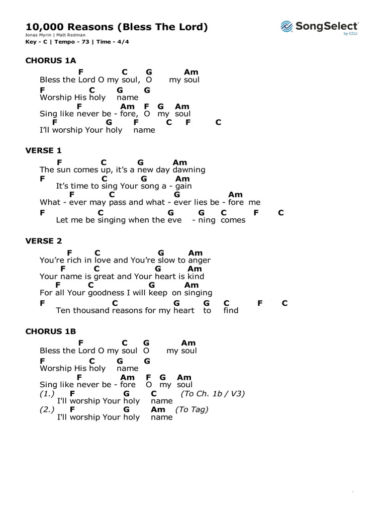 10,000 Reasons (Bless The Lord) - Chords-C | PDF | Songs