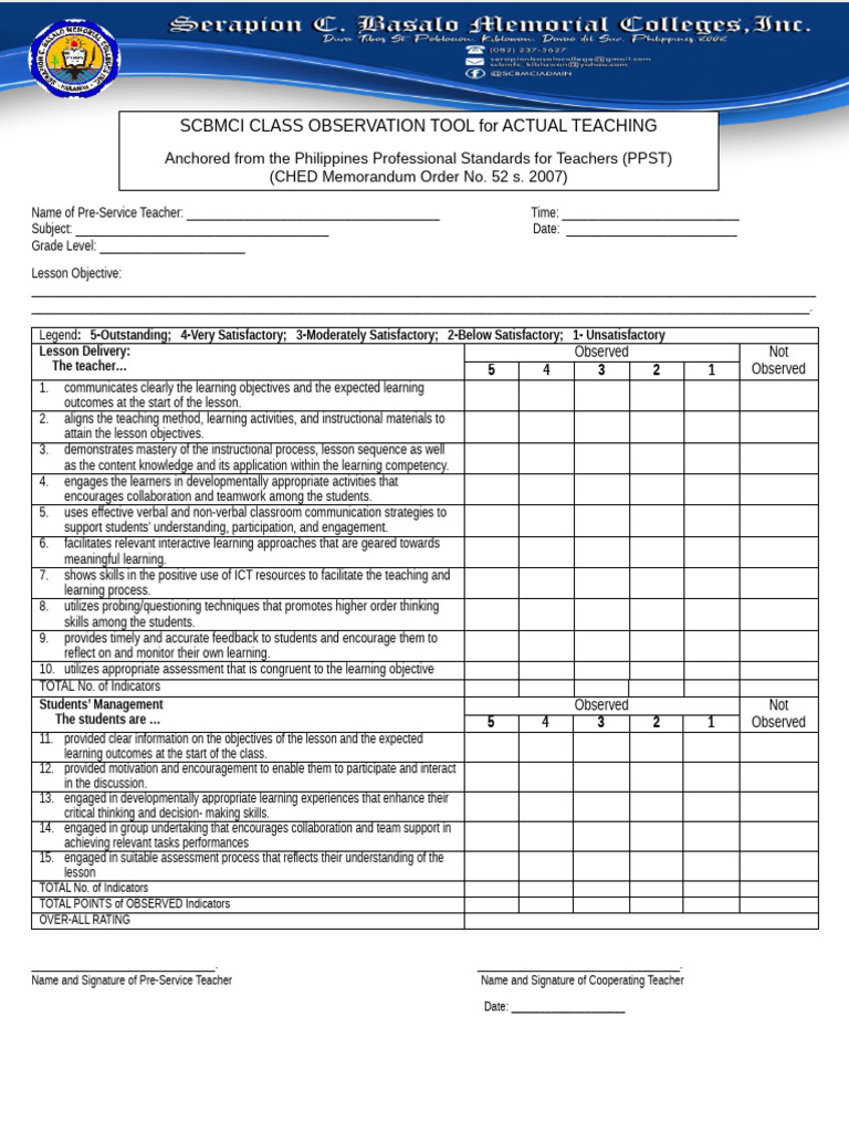 CLASSROOM-OBSERVATION-TOOL | PDF | Learning | Educational Assessment