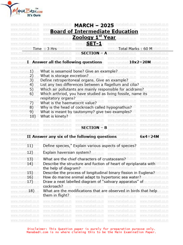 Zoology 1st Year Guess Paper 2025 | PDF | Organisms | Biology