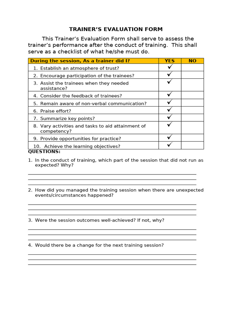 Trainer's Self Evaluation Form | PDF