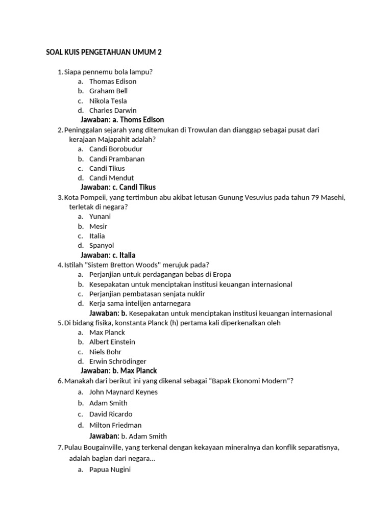 SOAL KUIS PENGETAHUAN UMUM [50 soal] | PDF