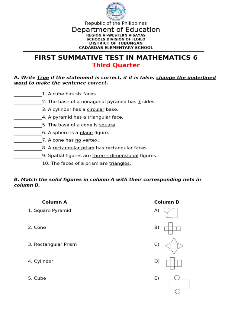 Math 6 Summative Test - Solid Figures | PDF