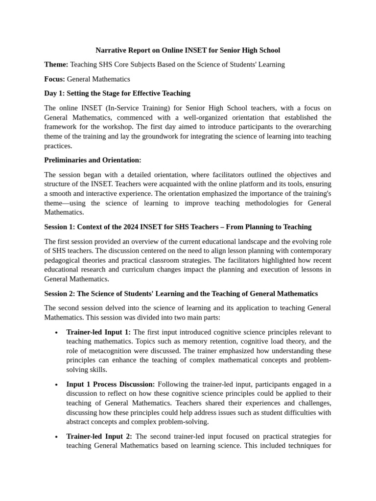 Narrative Report On Online INSET For SHS and JHS | PDF | Curriculum ...