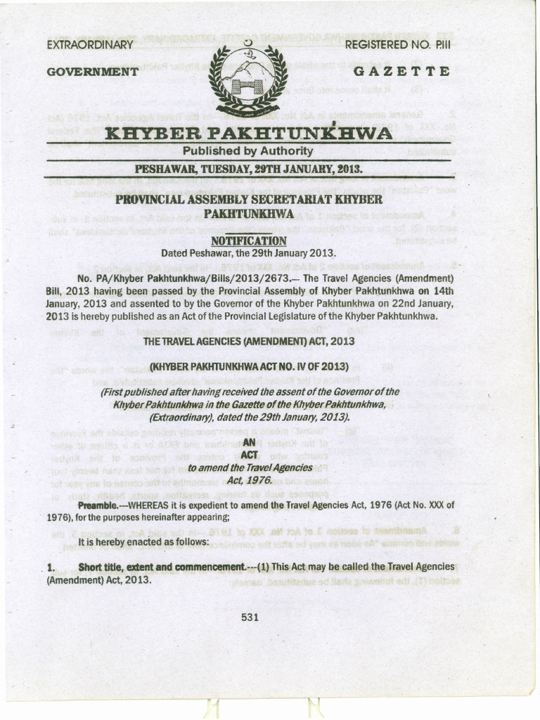 The Khyber Pakhtunkhwa Travel Agencies Amendment Act 2013 Act No IV ...
