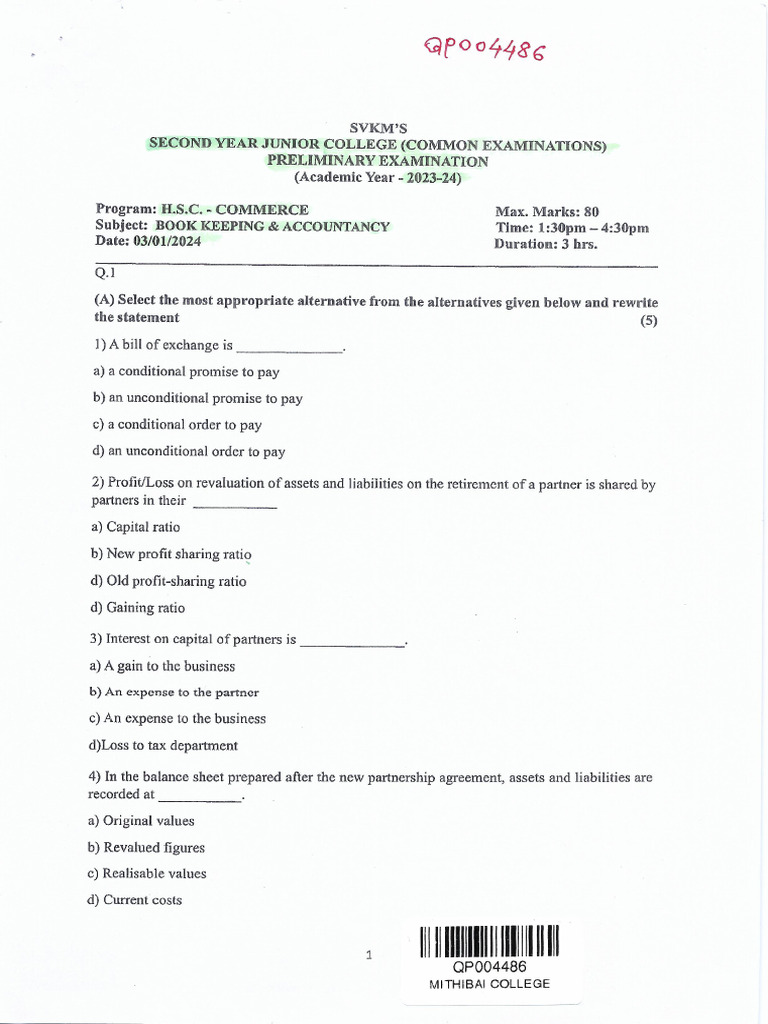 SYJC Commerce Preliminary Exam January 2024 QP004486 | PDF