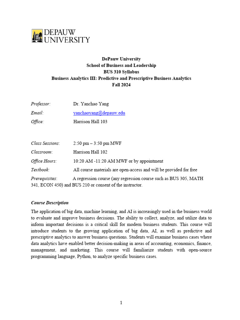 BUS310 F2024 Predictive Prescriptive BA | PDF | Analytics | Machine Learning