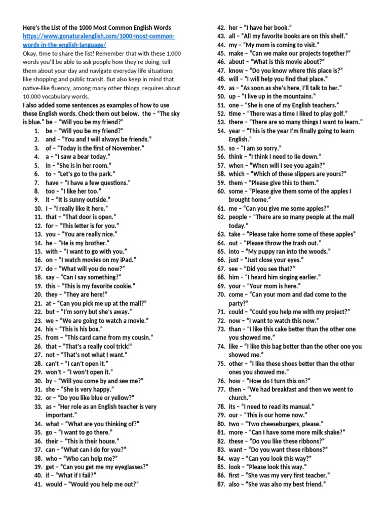 1000 Most Common English Words sentences | PDF | English Language