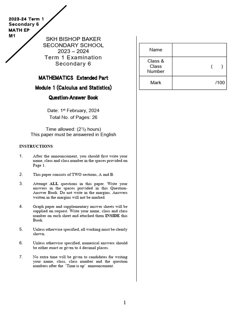 S6 M1 Mathematics Mock Exam 2024 | PDF | Function (Mathematics ...