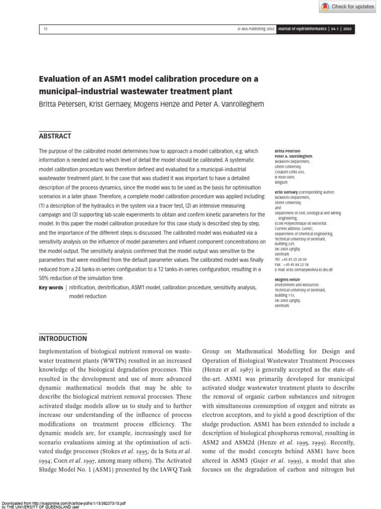 Evaluation of An ASM1 Model Calibration Procedure On A Municipal-Industrial Wastewater Treatment ...