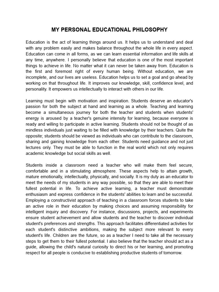 PERSONAL EDUCATIONAL PHILOSOPHY-101 | PDF | Teachers | Learning