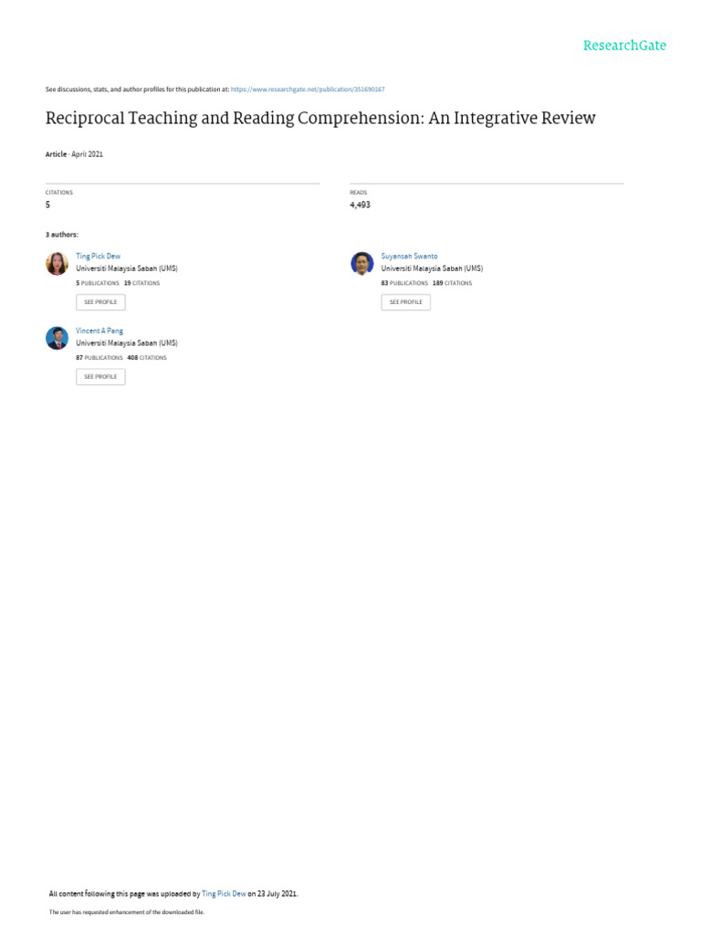 ReciprocalTeachingandReadingComprehension-AnIntegrativeReviewJERiS | PDF | Reading Comprehension ...