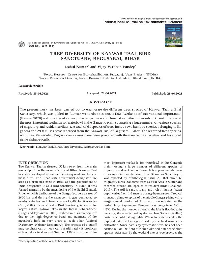 Tree Diversity of Kanwar Taal Bird Sanctuary, Begusarai, Bihar | PDF