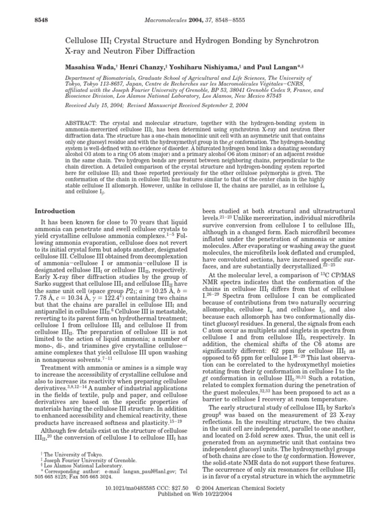 Cellulose IIII Structure and Hydrogen Bonds | PDF | Hydrogen Bond ...
