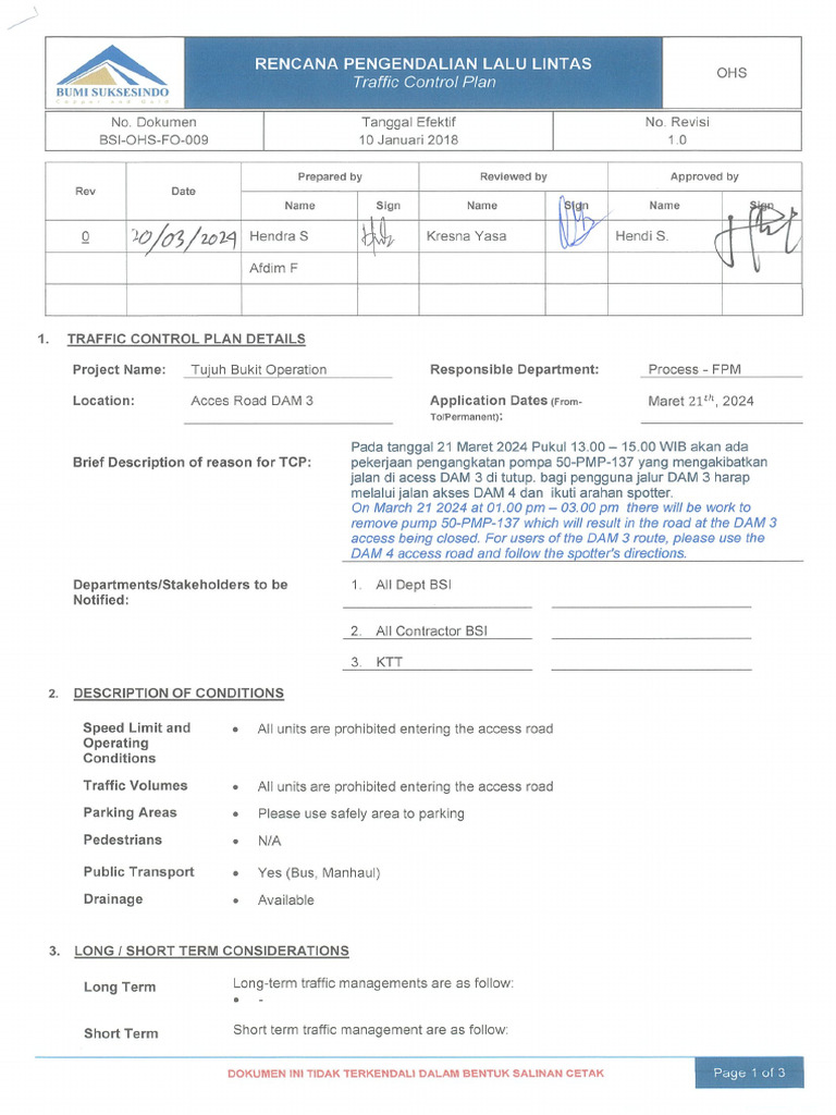 BSI-OHS-FO-009 Traffic Control Plan Form - Lifting Pump at DAM 3 ...