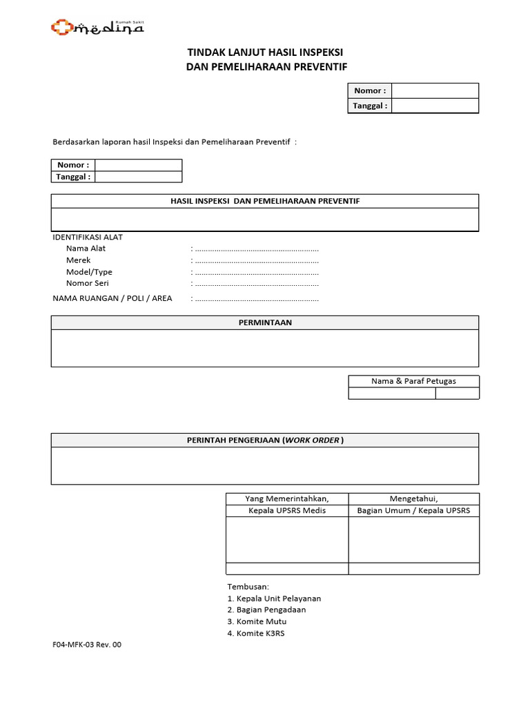 F04-MFK7-03 Rev. 00 Tindak Lanjut Hasil Inspeksi dan Pemeliharaan Preventif | PDF