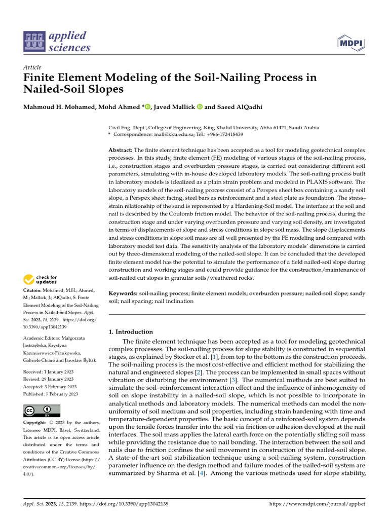 Applied Sciences: Finite Element Modeling of The Soil-Nailing Process in Nailed-Soil Slopes ...