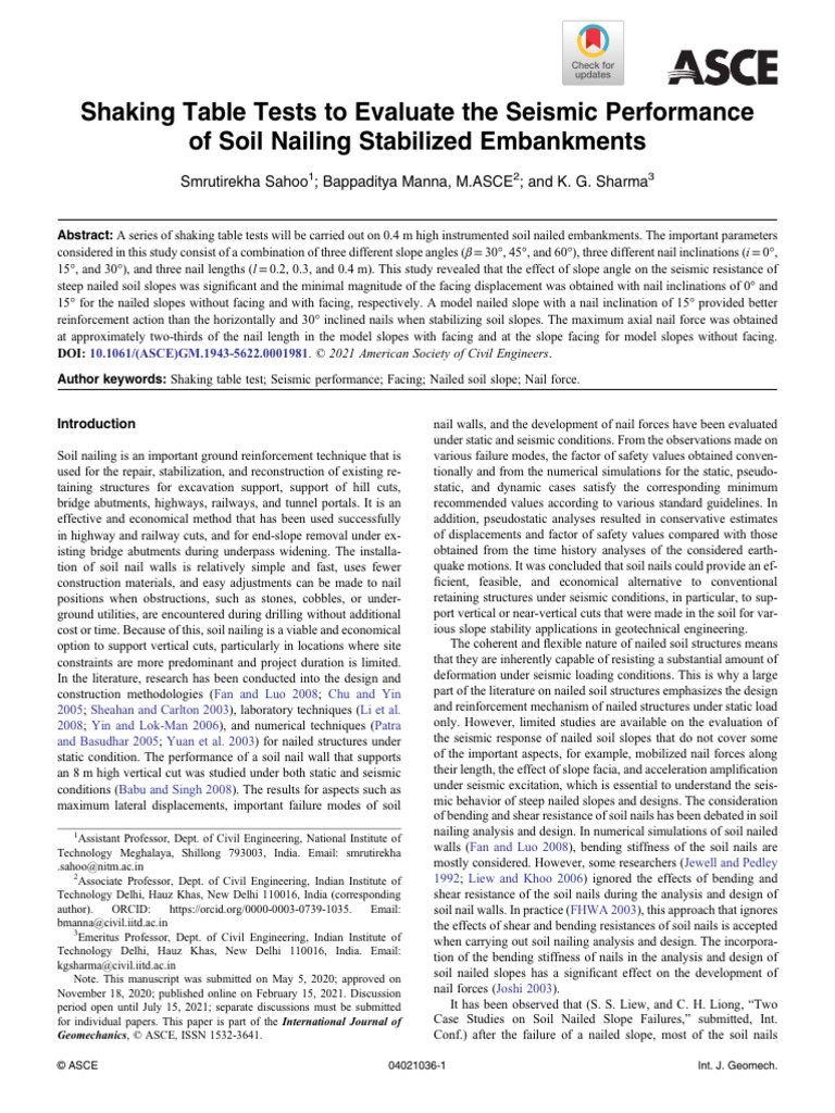 Shaking Table Tests To Evaluate The Seismic Performance of Soil Nailing ...
