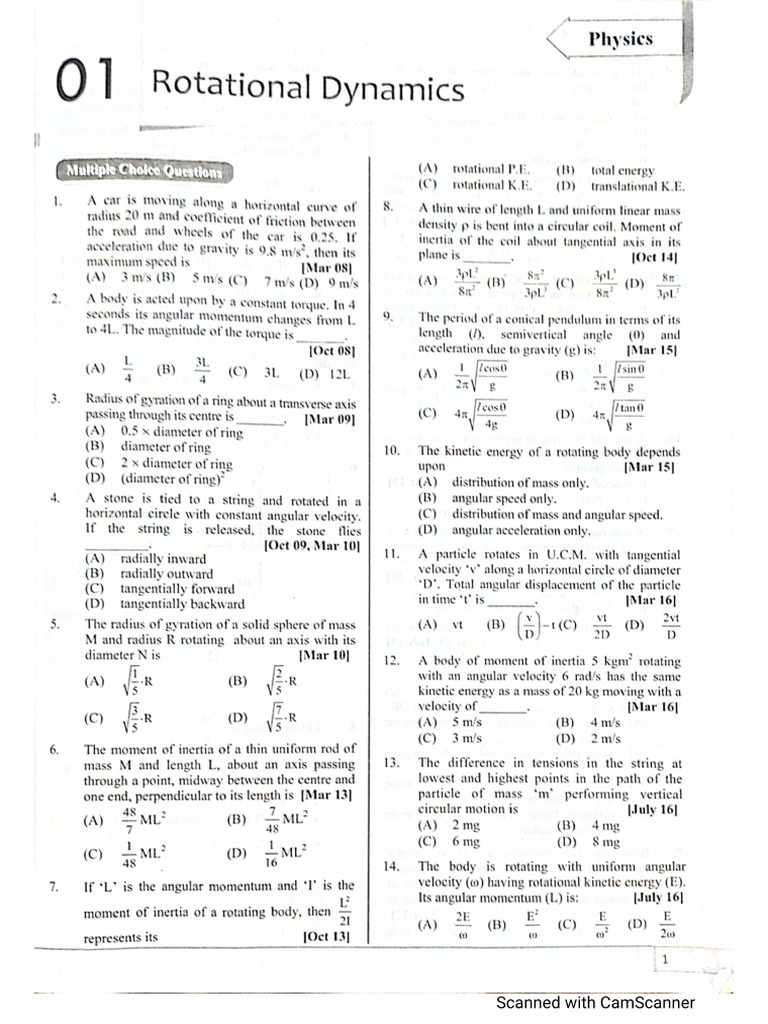 Rotational Dynamics All PYQ's With Solution | PDF