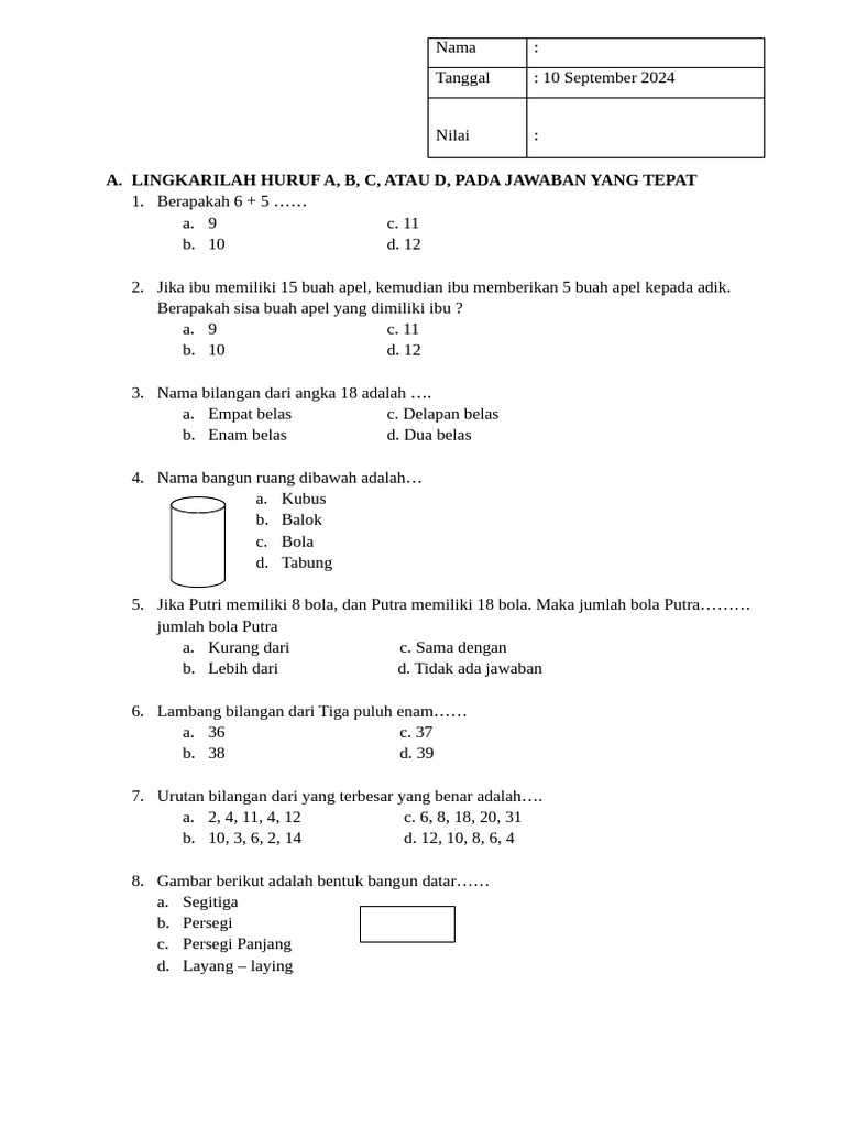 Soal Ujian Matematika Kelas 1 SD | PDF