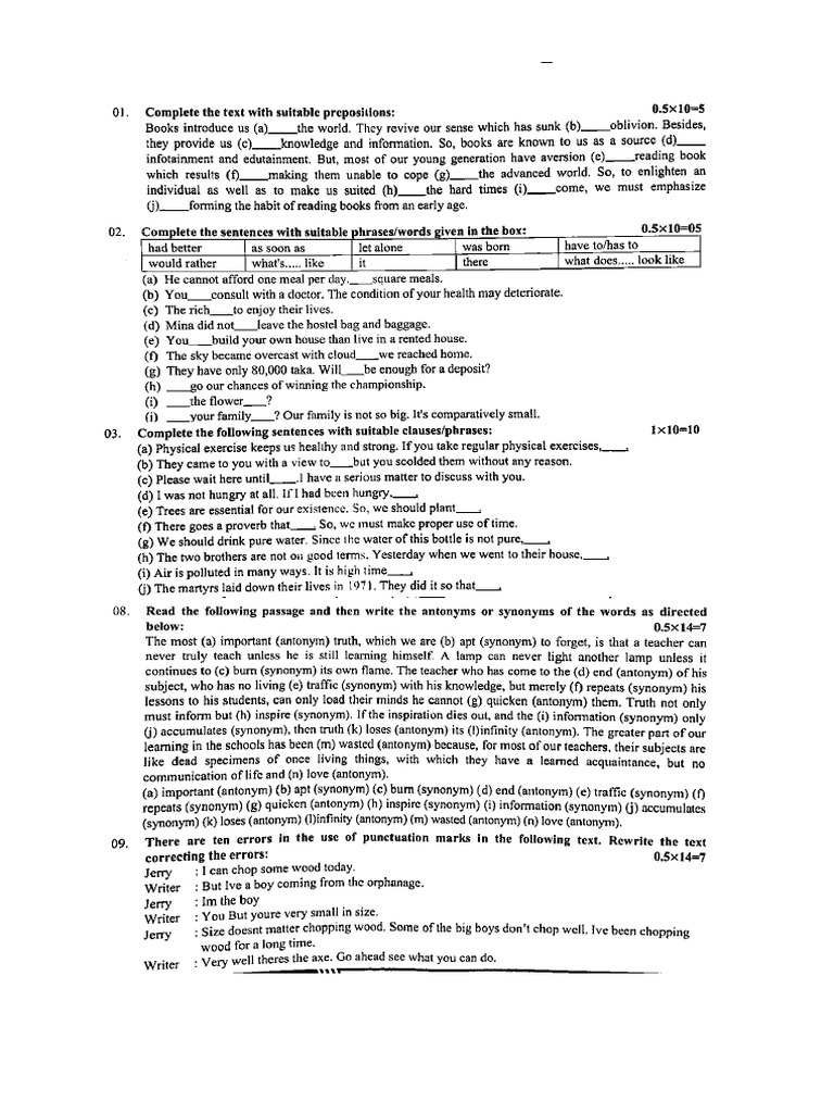 English 2nd Paper Class Test - 1 | PDF