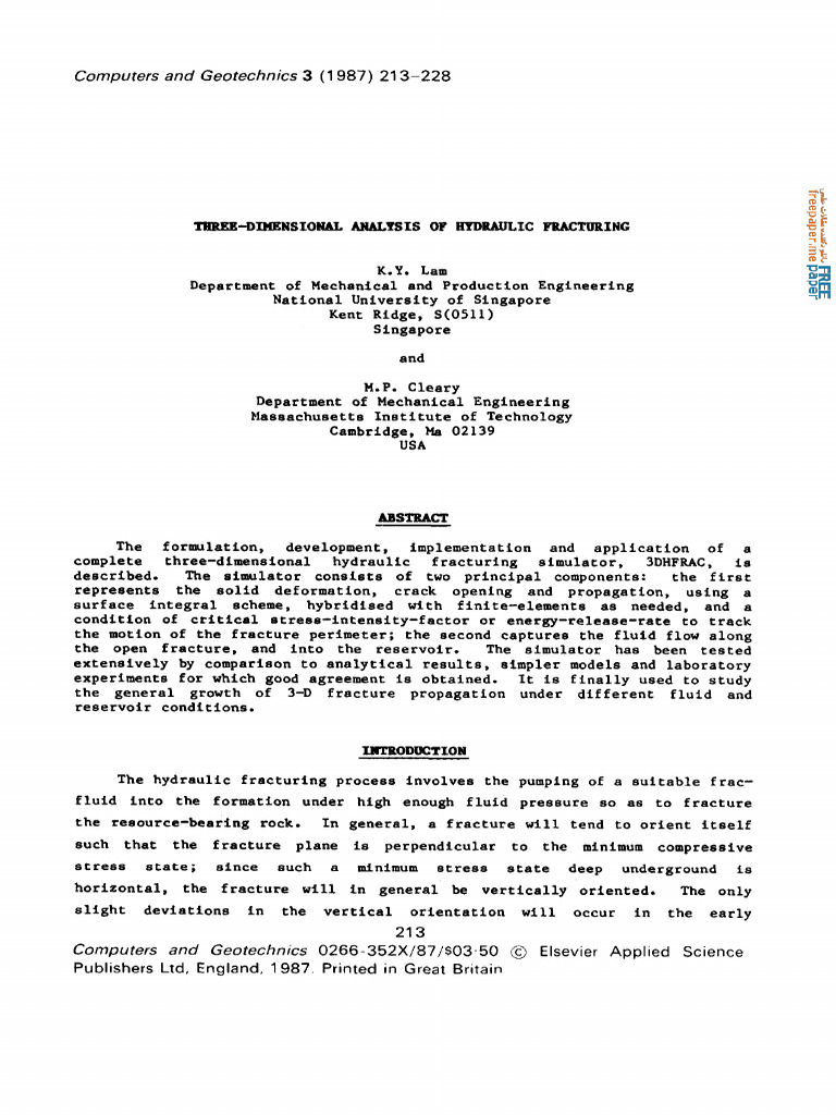Three Dimensional Analysis Of Hydraulic Fracturing 1987 Pdf Fracture Fluid Dynamics