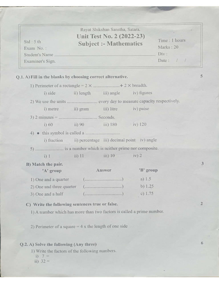 5th Maths Unit-2022-23 PDF | PDF
