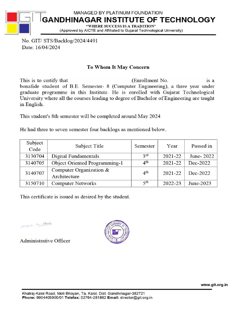 Sample Ug Backlog Certificate | PDF