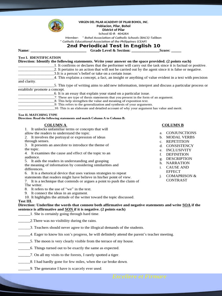 English 10 2nd Quarter Examination | PDF