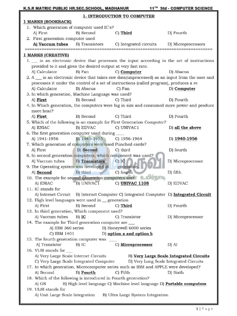 11th Computer Science All Unit One Mark Question Collection by Mr S a ...