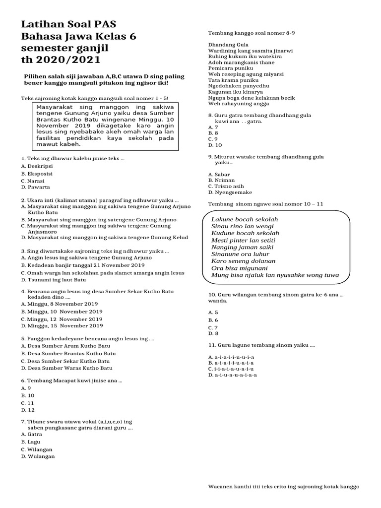 Latihan Soal PAS B.Jawa Kls 6 Fix | PDF