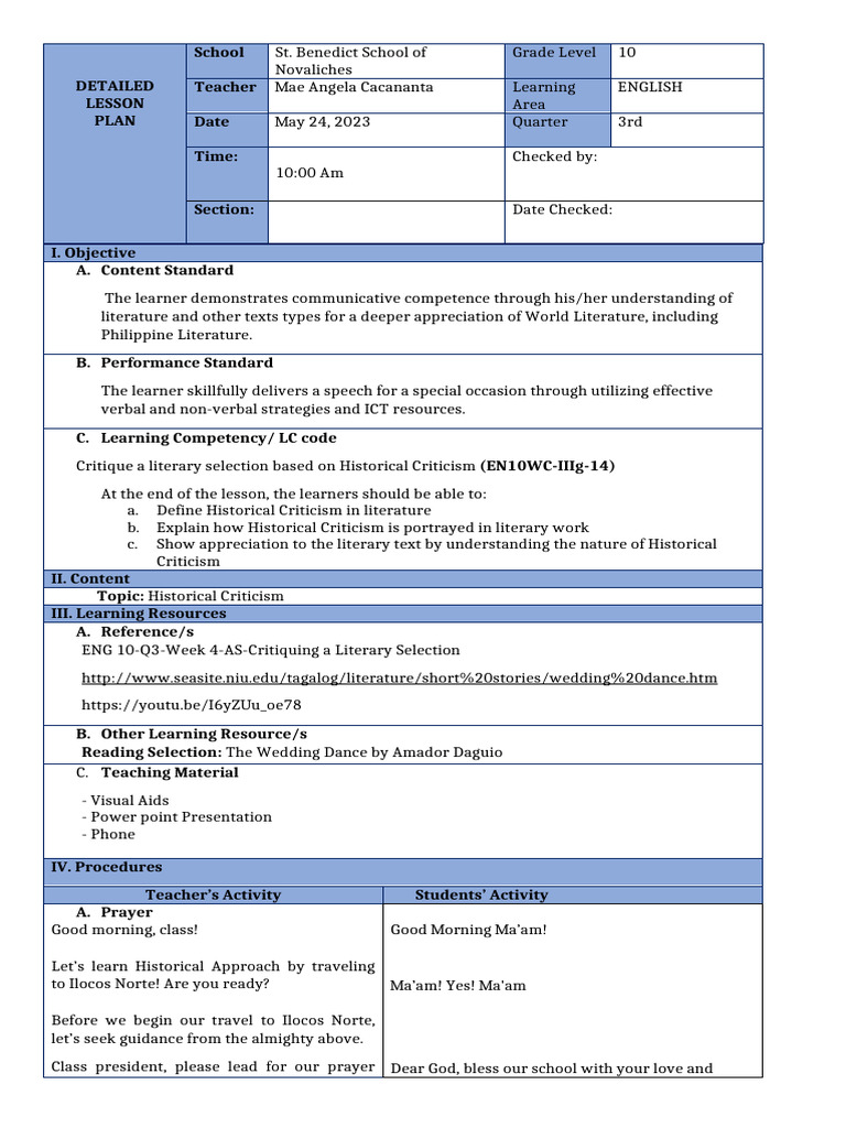 Historical Criticism Lesson Plan for Grade 10 | PDF | Learning | Narrative