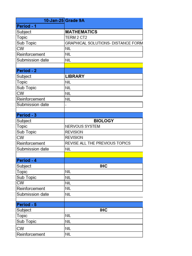 Grade 9A Term 2 Class Schedule | PDF